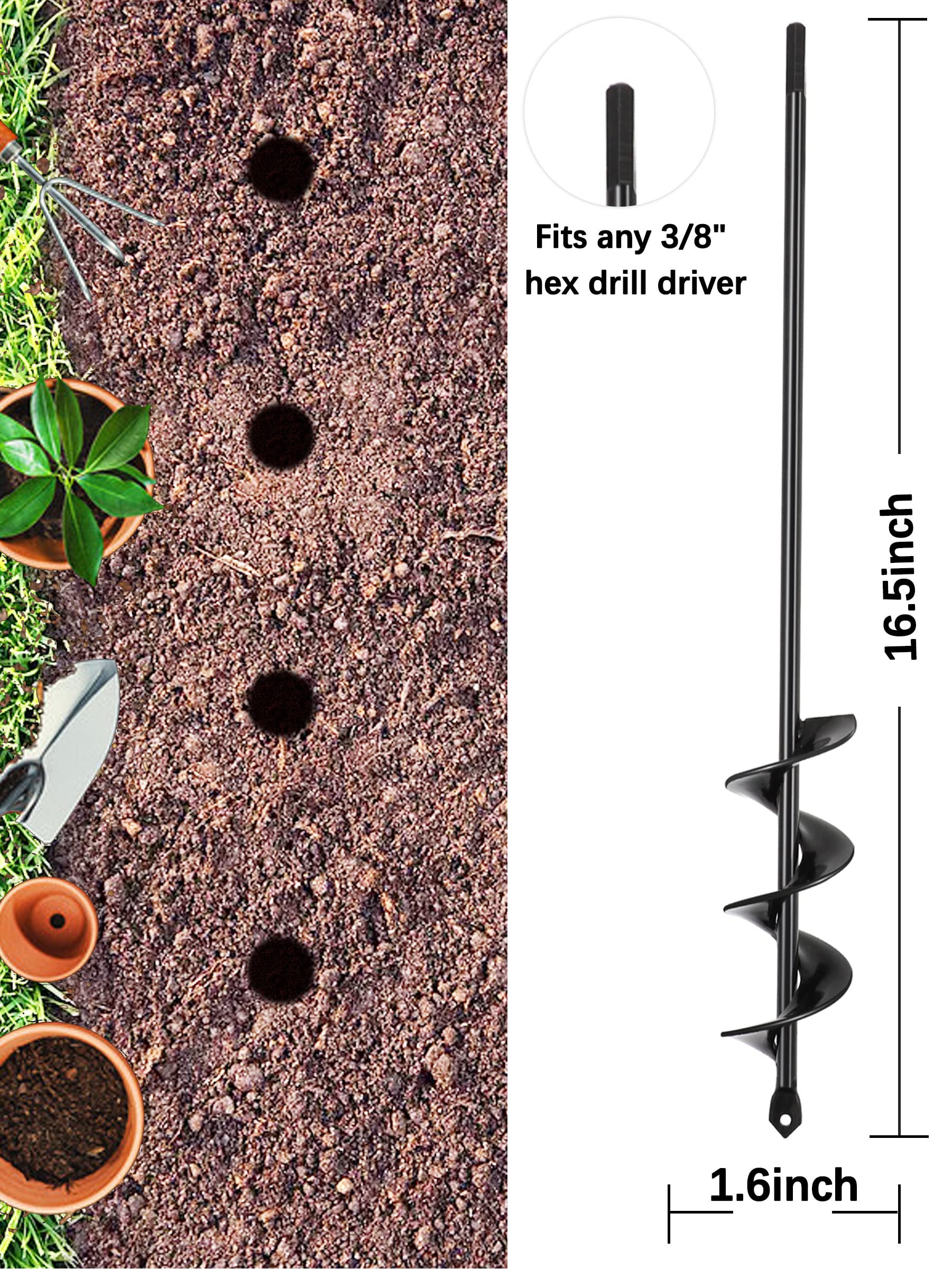 SYITCUN Auger Drill Bit for Planting - 1.6"x16.5" + 3.5"x16" Heavy-Duty Spiral Drill Bits for Planting Bulbs - Auger Post Hole Digger and Soil Auger for Beach - Compatible with 3/8" Hex Drive Drill