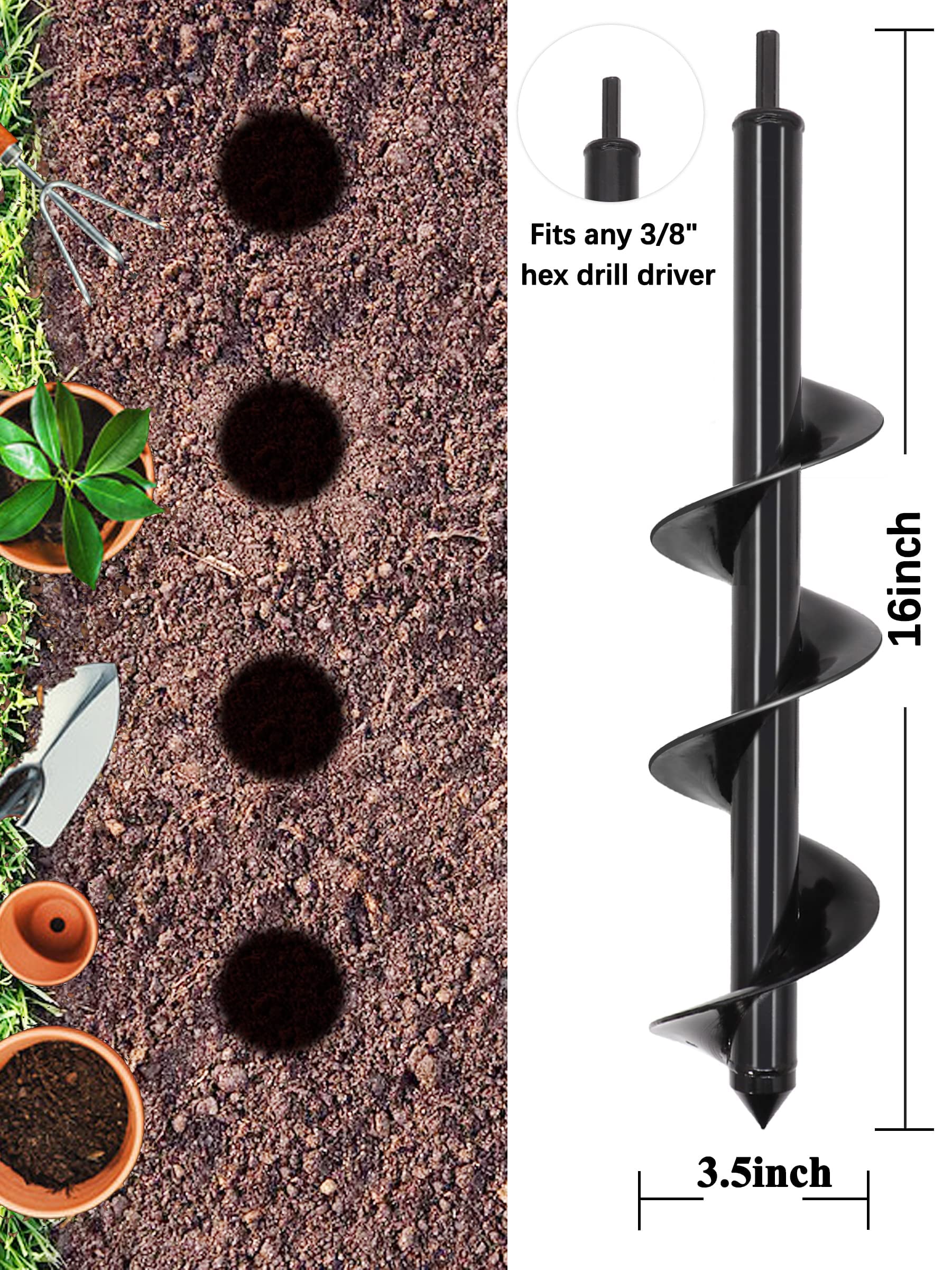 SYITCUN Auger Drill Bit for Planting - 1.6"x16.5" + 3.5"x16" Heavy-Duty Spiral Drill Bits for Planting Bulbs - Auger Post Hole Digger and Soil Auger for Beach - Compatible with 3/8" Hex Drive Drill