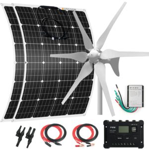 auecoor 640 watts 12 volts solar wind hybrid system: 400w wind turbine generator+ 2 pcs 120w flexible monocrystalline solar panels for off grid 12v battery charging rv roofs boats