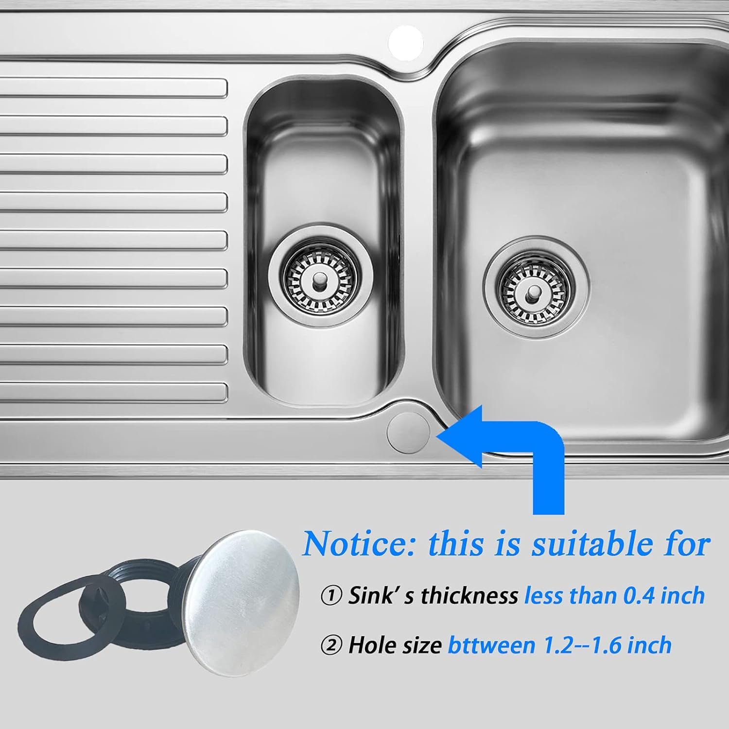 Kitchen Sink Hole Covers Brushed Stainless Steel,Faucet Hole Cover Hole Plug Black, 2Pcs Sink Caps for Top Holes (1.2 to 1.6 Inch in Diameter) (Short Threaded Shank) (A)