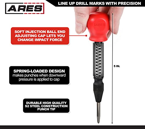 ARES 10022 - Automatic Center Punch - 5-Inch Adjustable Spring-Loaded Tool - Anti-Slip Knurled Grip - Durable S2 Steel Tip