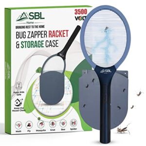 sbl home electric fly swatter racket, electric mosquito swatter, bug zapper racket, electric fly bat with patented wall case, gray, black (1 pack)