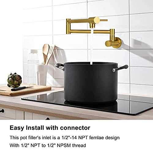 KWODE Gold Pot Filler Faucet 24 Inch Brass Commercial Wall Mount Kitchen Sink Faucet Folding Stretchable with Single Hole Two Handles