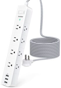 power strip surge protector - 8 widely ac outlets 3 usb, 5 ft extension cord, flat plug, desktop charging station with overload protection, wall mount for home, office, travel, computer etl listed