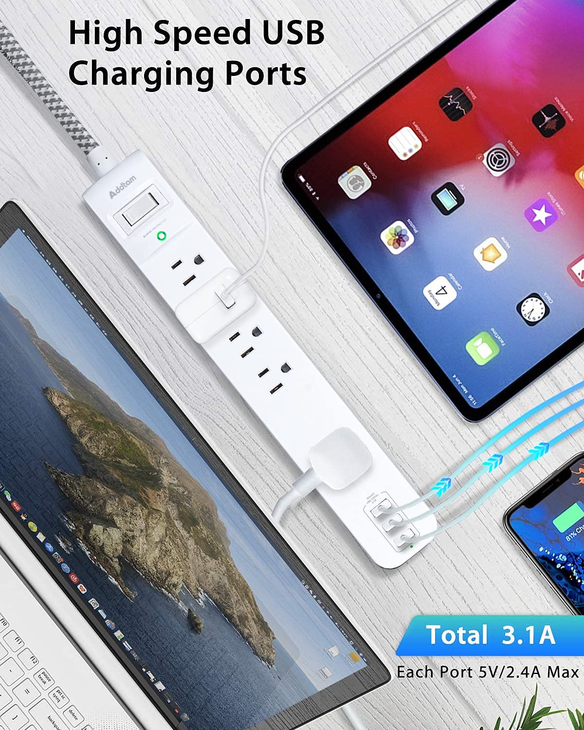 2 Pack Power Strip Surge Protector - 5 Widely Spaced Outlets 3 USB Charging Ports, 1875W/15A with 5Ft Braided Extension Cord, Flat Plug, Overload Surge Protection, Wall Mount for Home Office,White