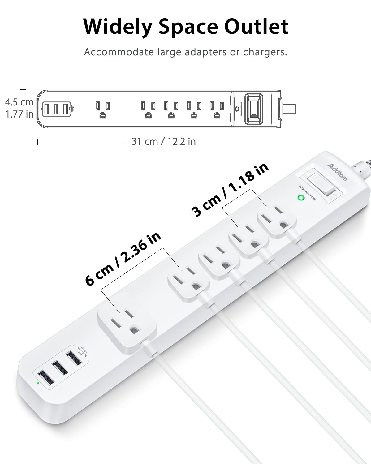 2 Pack Power Strip Surge Protector - 5 Widely Spaced Outlets 3 USB Charging Ports, 1875W/15A with 5Ft Braided Extension Cord, Flat Plug, Overload Surge Protection, Wall Mount for Home Office,White