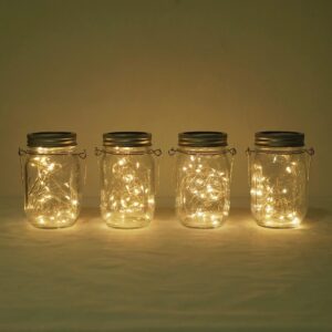 decorman solar mason jar lights, 4 pack 30 led fairy star firefly string lids lights with 4 hangers for patio yard garden party wedding christmas decoration(jars not included) (4 pack, warm white)