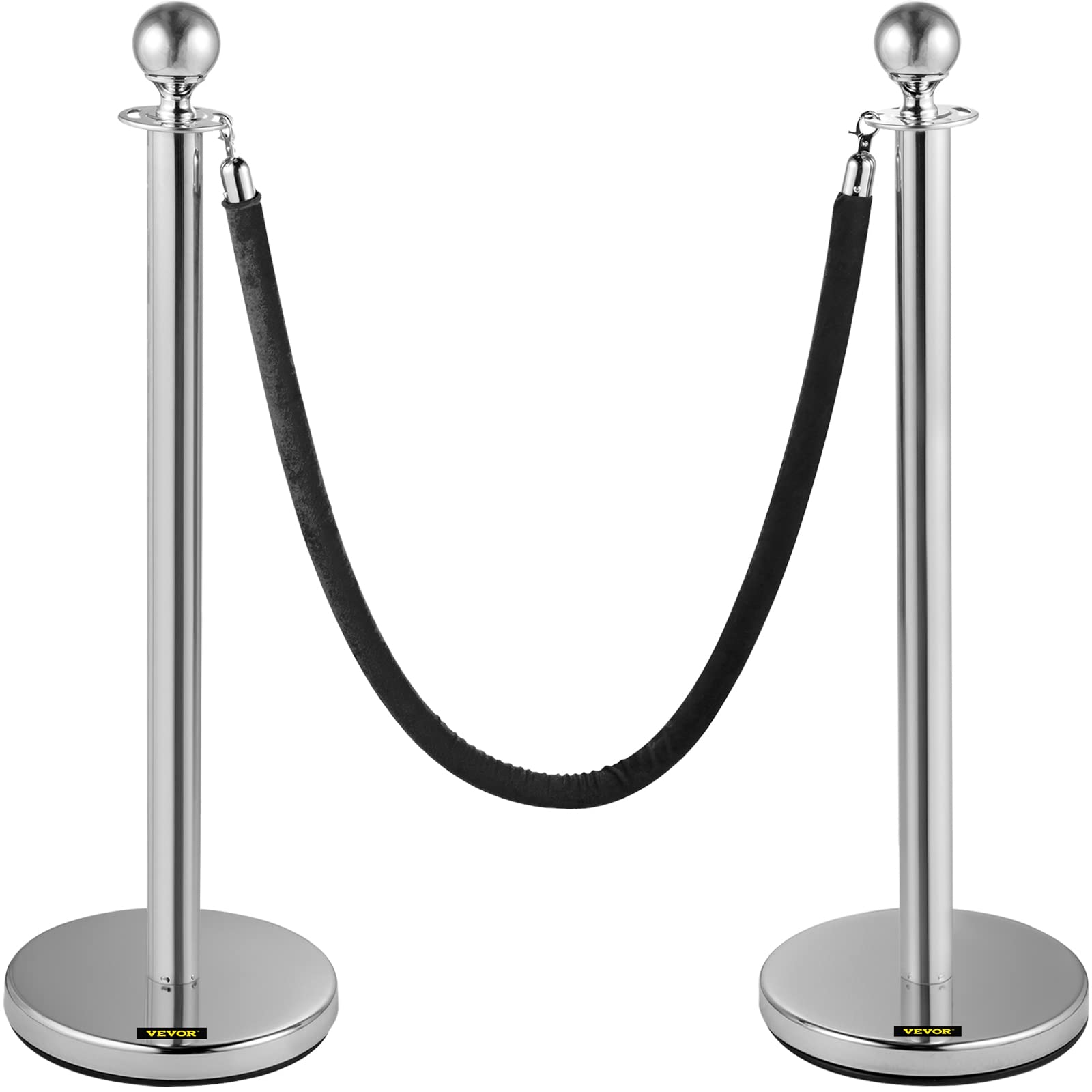 VEVOR Velvet Ropes and Posts 2 Pcs, 5 ft Black Velvet Rope, Stanchion Post with Ball Top, Crowd Control Barriers Silver Stanchions, Red Carpet Poles, Crowd Control Ropes and Poles for Party Supplies