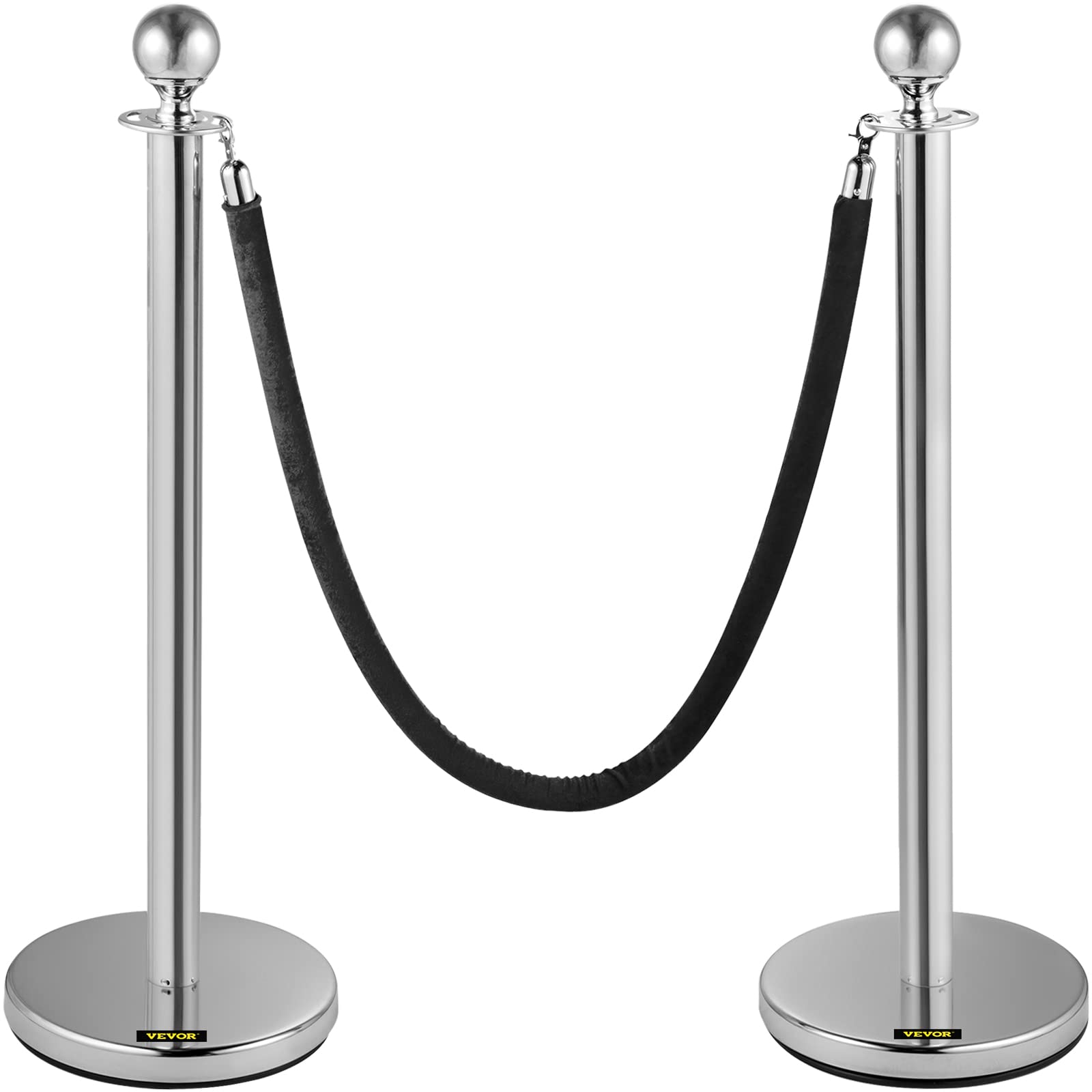 VEVOR Velvet Ropes and Posts 2 Pcs, 5 ft Black Velvet Rope, Stanchion Post with Ball Top, Crowd Control Barriers Silver Stanchions, Red Carpet Poles, Crowd Control Ropes and Poles for Party Supplies