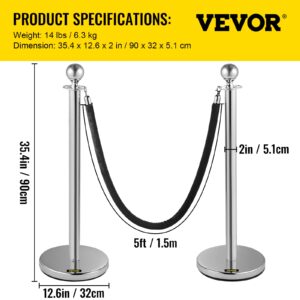 VEVOR Velvet Ropes and Posts 2 Pcs, 5 ft Black Velvet Rope, Stanchion Post with Ball Top, Crowd Control Barriers Silver Stanchions, Red Carpet Poles, Crowd Control Ropes and Poles for Party Supplies