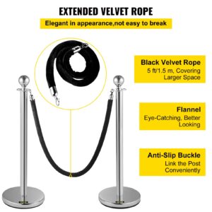 VEVOR Velvet Ropes and Posts 2 Pcs, 5 ft Black Velvet Rope, Stanchion Post with Ball Top, Crowd Control Barriers Silver Stanchions, Red Carpet Poles, Crowd Control Ropes and Poles for Party Supplies