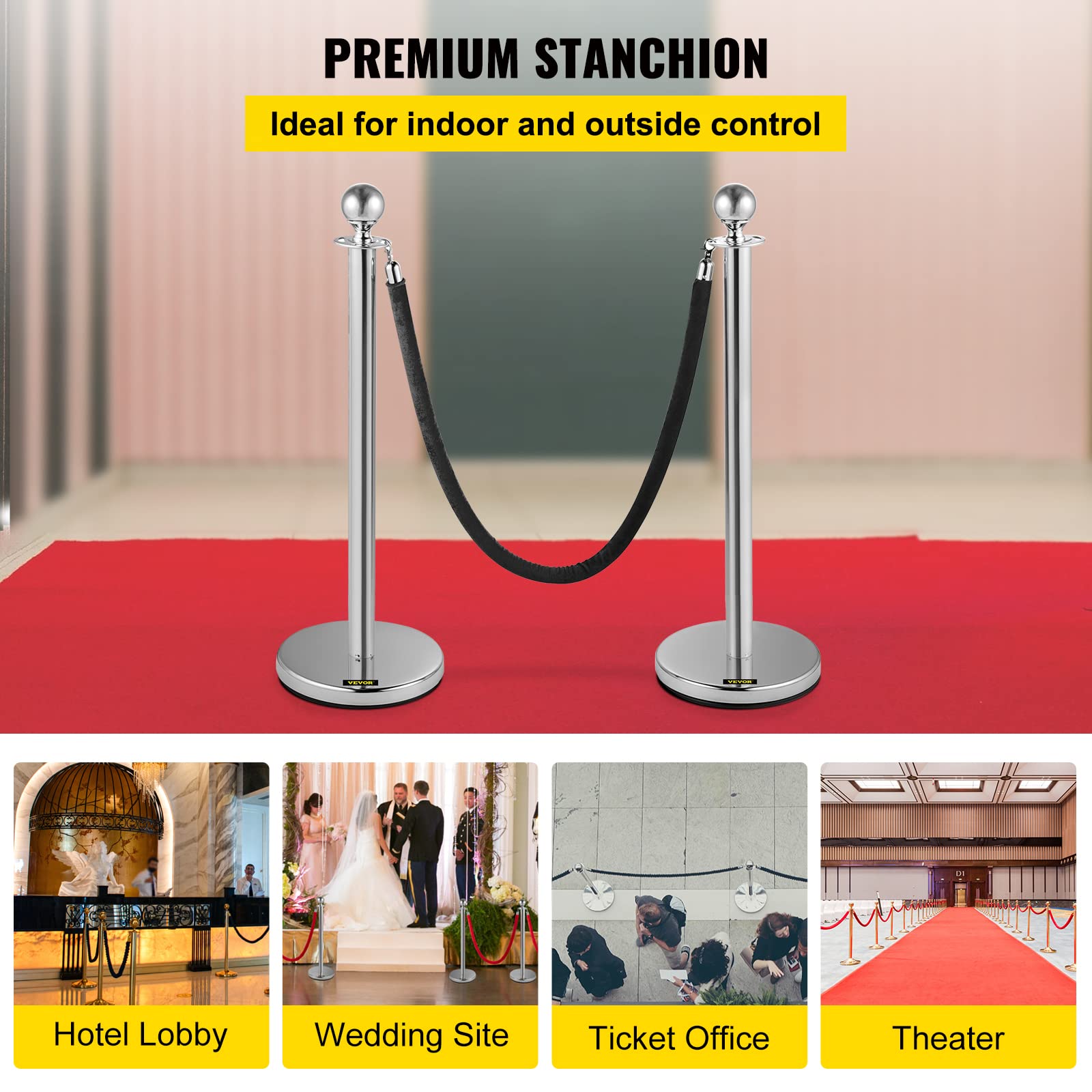 VEVOR Velvet Ropes and Posts 2 Pcs, 5 ft Black Velvet Rope, Stanchion Post with Ball Top, Crowd Control Barriers Silver Stanchions, Red Carpet Poles, Crowd Control Ropes and Poles for Party Supplies