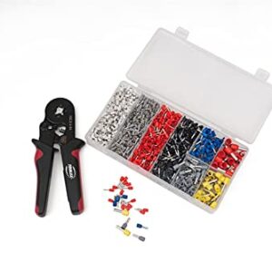 N/C Toolex Ferrule Crimping Tool Kit Self Adjusting Ratchet Crimper Pliers with 1800 pcs AWG 23-7 Terminal Connectors for Wiring Project Black,Red