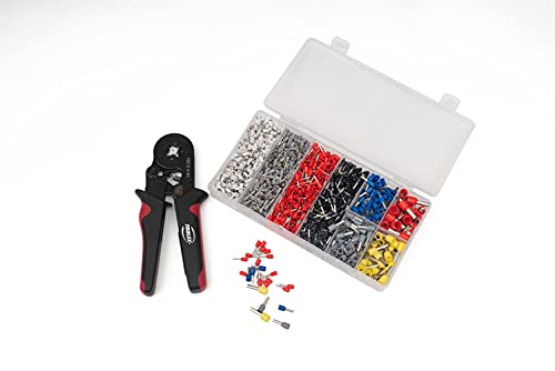 N/C Toolex Ferrule Crimping Tool Kit Self Adjusting Ratchet Crimper Pliers with 1800 pcs AWG 23-7 Terminal Connectors for Wiring Project Black,Red