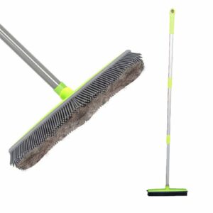 carpet hair removal broom with squeegee, rubber floor broom carpet rake, adjustable long handle 49" length for pet cat dog hair carpet hardwood tile windows clean water resistant