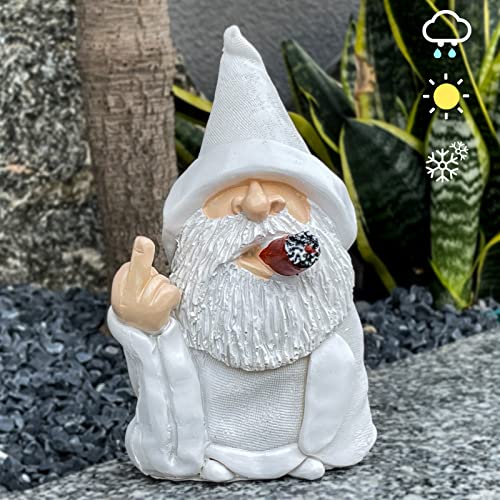 Hefaxi Funny Garden Gnome Statue,Middle Finger Smoking Wizard Gnome,Cool Old Man with White Beard,6.3inch Naughty Garden Sculpture Decoration