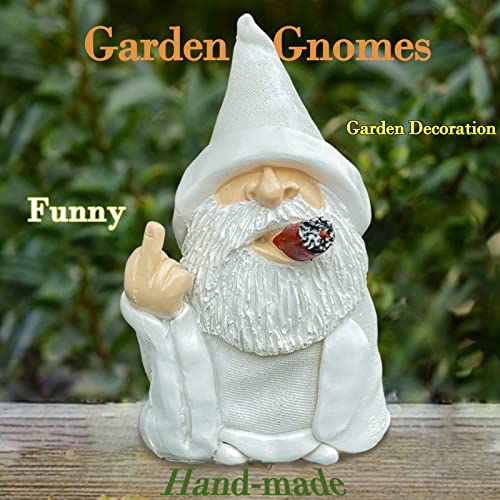 Hefaxi Funny Garden Gnome Statue,Middle Finger Smoking Wizard Gnome,Cool Old Man with White Beard,6.3inch Naughty Garden Sculpture Decoration