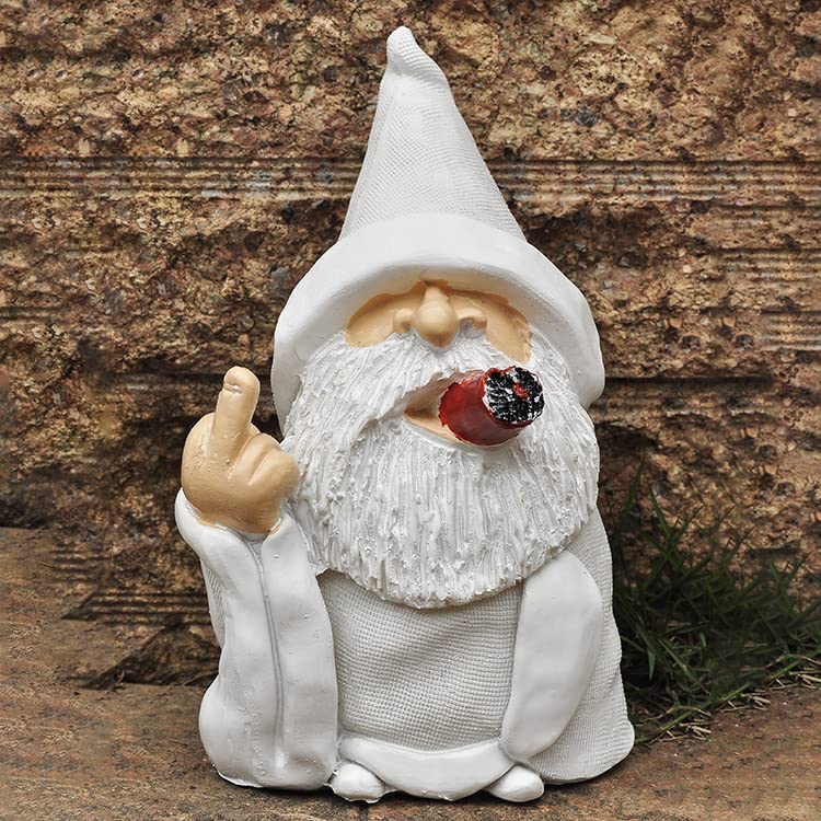 Hefaxi Funny Garden Gnome Statue,Middle Finger Smoking Wizard Gnome,Cool Old Man with White Beard,6.3inch Naughty Garden Sculpture Decoration