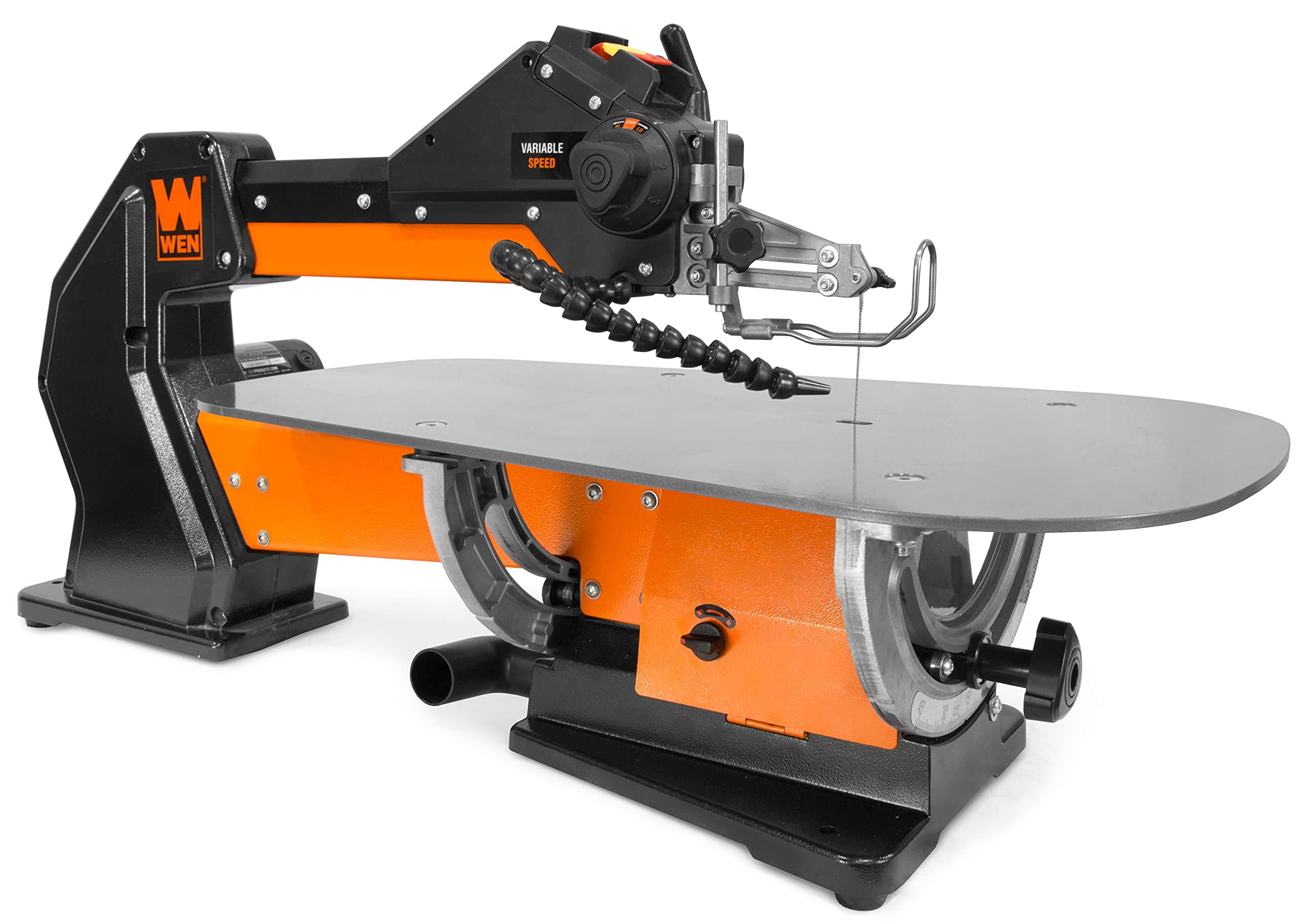 WEN LL2156 21-Inch 1.6-Amp Variable Speed Parallel Arm Scroll Saw with Extra-Large Dual-Bevel Steel Table, Black Orange