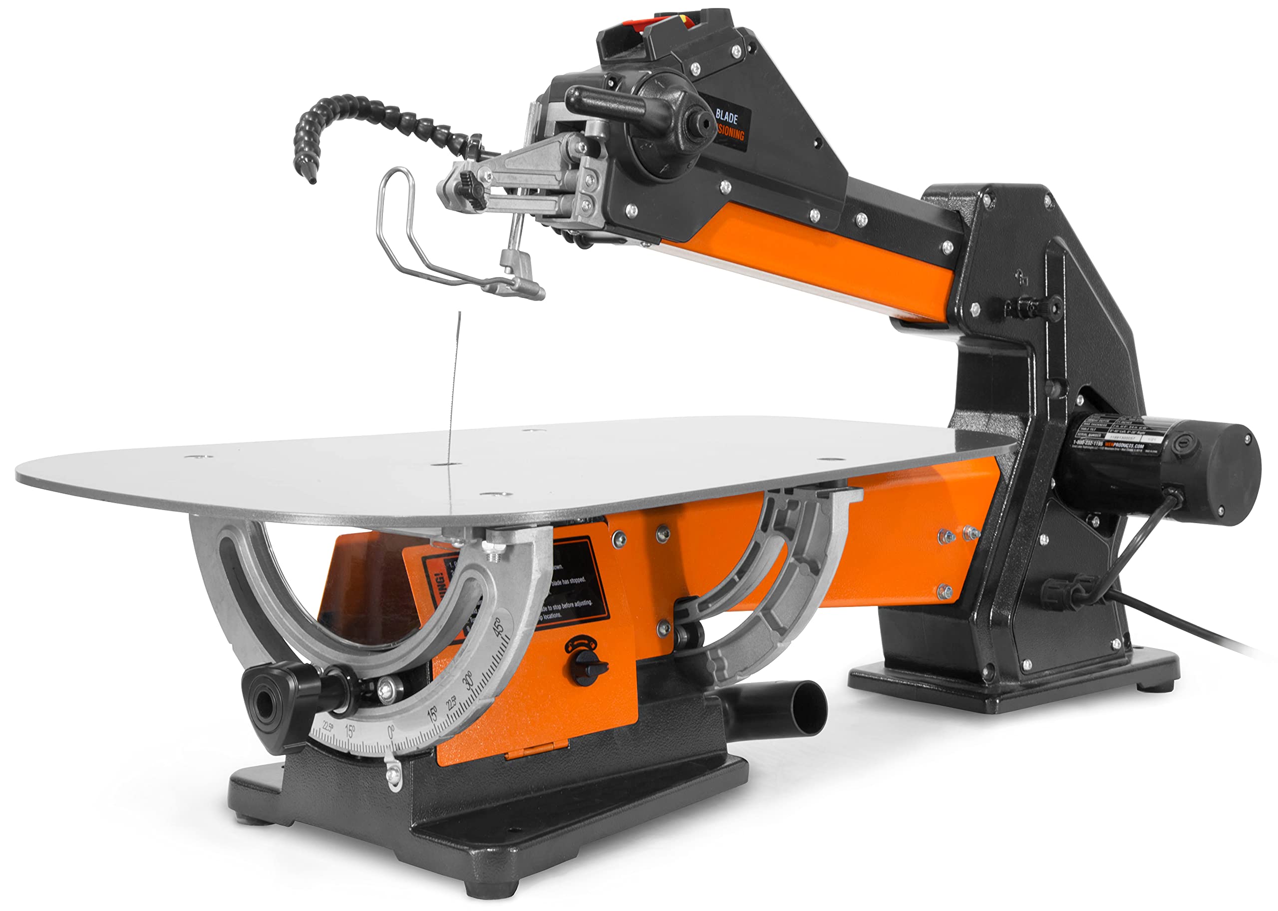 WEN LL2156 21-Inch 1.6-Amp Variable Speed Parallel Arm Scroll Saw with Extra-Large Dual-Bevel Steel Table, Black Orange