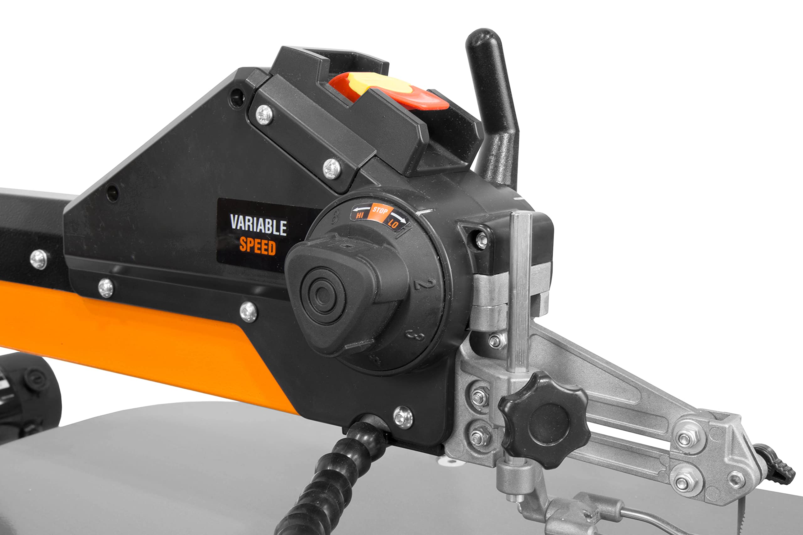 WEN LL2156 21-Inch 1.6-Amp Variable Speed Parallel Arm Scroll Saw with Extra-Large Dual-Bevel Steel Table, Black Orange