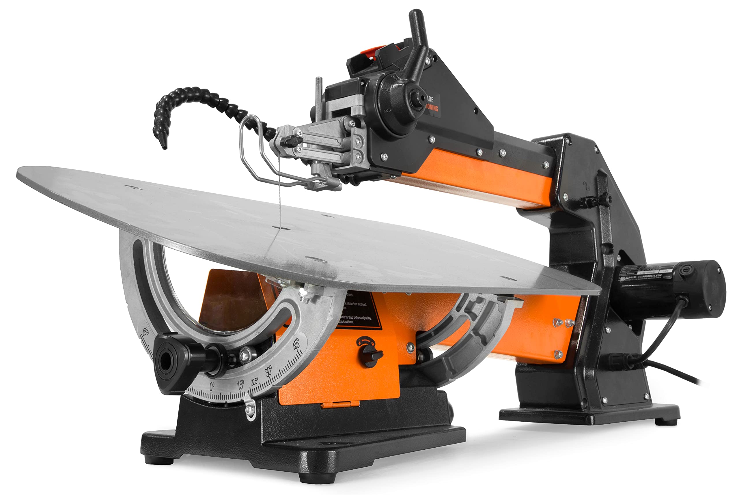 WEN LL2156 21-Inch 1.6-Amp Variable Speed Parallel Arm Scroll Saw with Extra-Large Dual-Bevel Steel Table, Black Orange