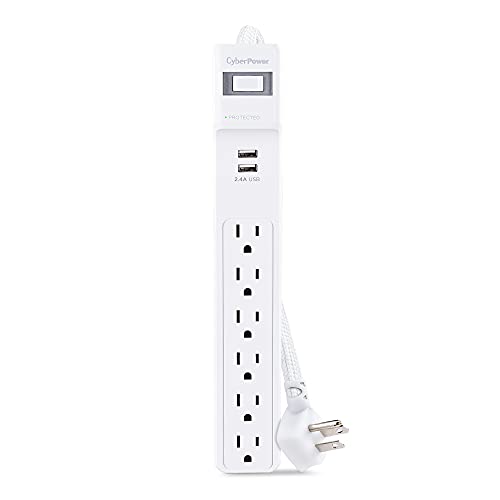 CyberPower P606URC2 Surge Protector, 500J/125V, 15A, 6 Outlets, 2 USB Charging Ports, 6 Foot Cord, White