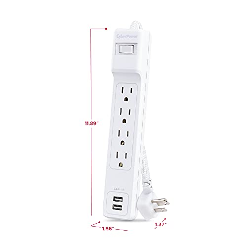 CyberPower P606URC2 Surge Protector, 500J/125V, 15A, 6 Outlets, 2 USB Charging Ports, 6 Foot Cord, White