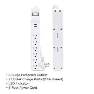 CyberPower P606URC2 Surge Protector, 500J/125V, 15A, 6 Outlets, 2 USB Charging Ports, 6 Foot Cord, White