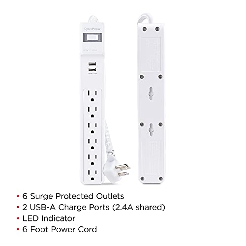 CyberPower P606URC2 Surge Protector, 500J/125V, 15A, 6 Outlets, 2 USB Charging Ports, 6 Foot Cord, White