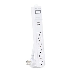 CyberPower P606URC2 Surge Protector, 500J/125V, 15A, 6 Outlets, 2 USB Charging Ports, 6 Foot Cord, White