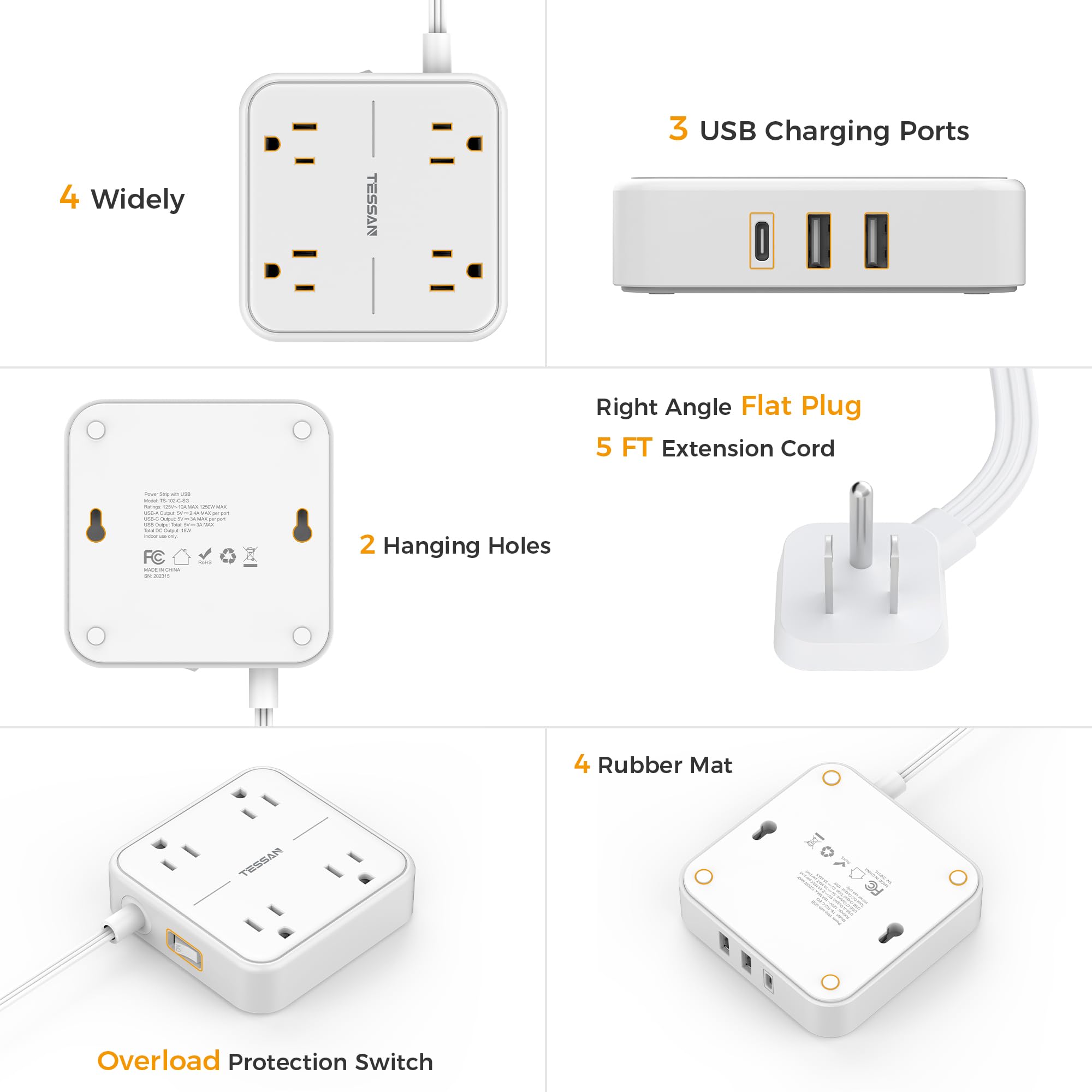 Long Flat Extension Cord 15 ft, TESSAN Surge Protector Power Strip 15 Feet with 4 Outlets 3 USB Ports (1 USB C), 3 Prong Flat Plug Charging Station with Surge Protection, Wall Mount Indoor Essentials