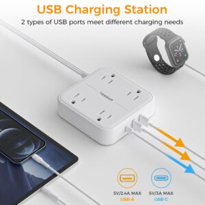 Long Flat Extension Cord 15 ft, TESSAN Surge Protector Power Strip 15 Feet with 4 Outlets 3 USB Ports (1 USB C), 3 Prong Flat Plug Charging Station with Surge Protection, Wall Mount Indoor Essentials