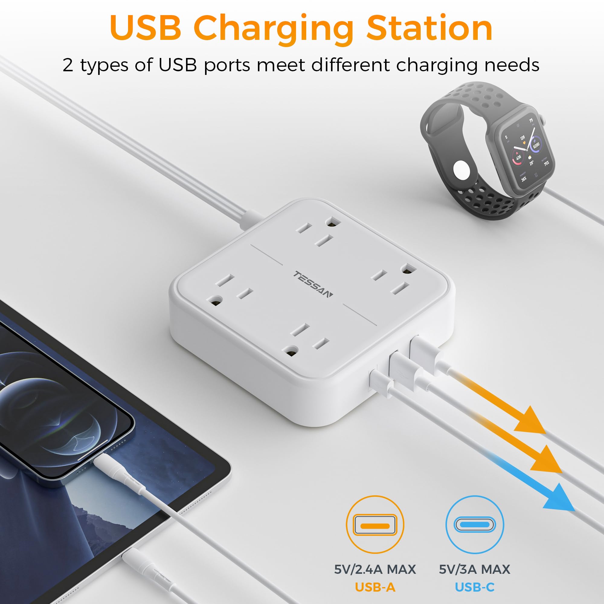 Long Flat Extension Cord 15 ft, TESSAN Surge Protector Power Strip 15 Feet with 4 Outlets 3 USB Ports (1 USB C), 3 Prong Flat Plug Charging Station with Surge Protection, Wall Mount Indoor Essentials