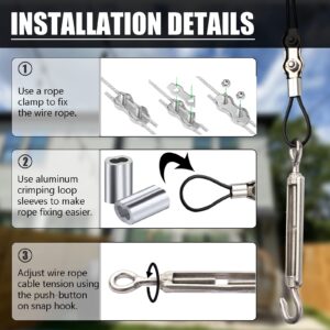 NEREUS String Light Hanging Kit with 250 Ft Nylon Coated 304 Stainless Steel Wire Rope, String Light Suspension Kit, Guide Wire with Turnbuckles and Hooks for Patio, Backyard Lighting Accessories