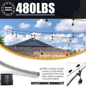 NEREUS String Light Hanging Kit with 250 Ft Nylon Coated 304 Stainless Steel Wire Rope, String Light Suspension Kit, Guide Wire with Turnbuckles and Hooks for Patio, Backyard Lighting Accessories