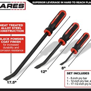 ARES 46008-3-Piece Pry Bar Set - 8-Inch, 12-Inch, and 17.5-Inch Pry Bars - Angled Tip for Lifting and Prying - Comfortable Non-Slip Double Injection Handle - Heavy Duty Striking End Cap