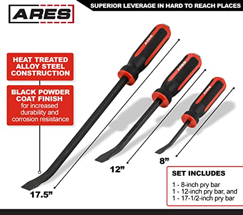 ARES 46008-3-Piece Pry Bar Set - 8-Inch, 12-Inch, and 17.5-Inch Pry Bars - Angled Tip for Lifting and Prying - Comfortable Non-Slip Double Injection Handle - Heavy Duty Striking End Cap