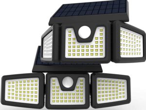 solar lights, solar motion sensor light super bright outdoor 128 led security lighting white, 2pk