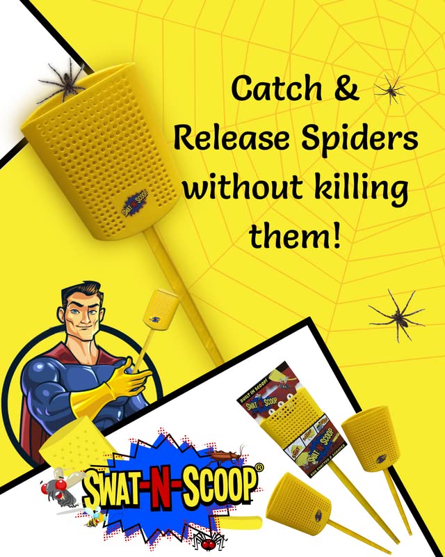 Swat-N-Scoop Heavy Duty Fly Swatter and Spider Catcher and Release (Pack of 3). Insect Fly Catchers for Inside Home. House Fly Killer or Humane Bug Catcher with Built in Insect Scoop.