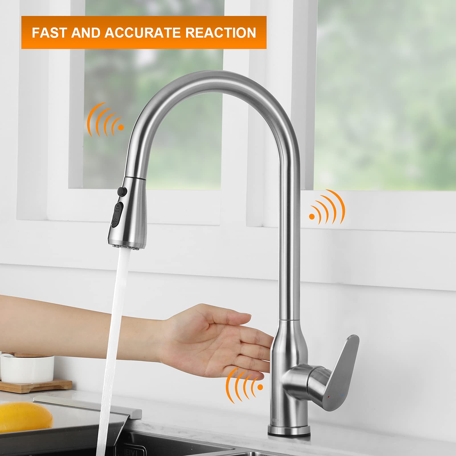 Touch Kitchen Faucet,KEER Smart Kitchen Sink Faucet with Pull Down Sprayer, Touch on Activated Kitchen Bar Sink Faucet Brushed Nickel, Stainless Steel