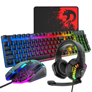 wired gaming keyboard and mouse headset combo,rainbow led backlit wired keyboard,over ear headphone with mic,rainbow backlit gaming mice,mouse pad,for pc,laptop,mac,ps4,xbox(black)