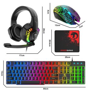 Wired Gaming Keyboard and Mouse Headset Combo,Rainbow LED Backlit Wired Keyboard,Over Ear Headphone with Mic,Rainbow Backlit Gaming Mice,Mouse Pad,for PC,Laptop,Mac,PS4,Xbox(Black)