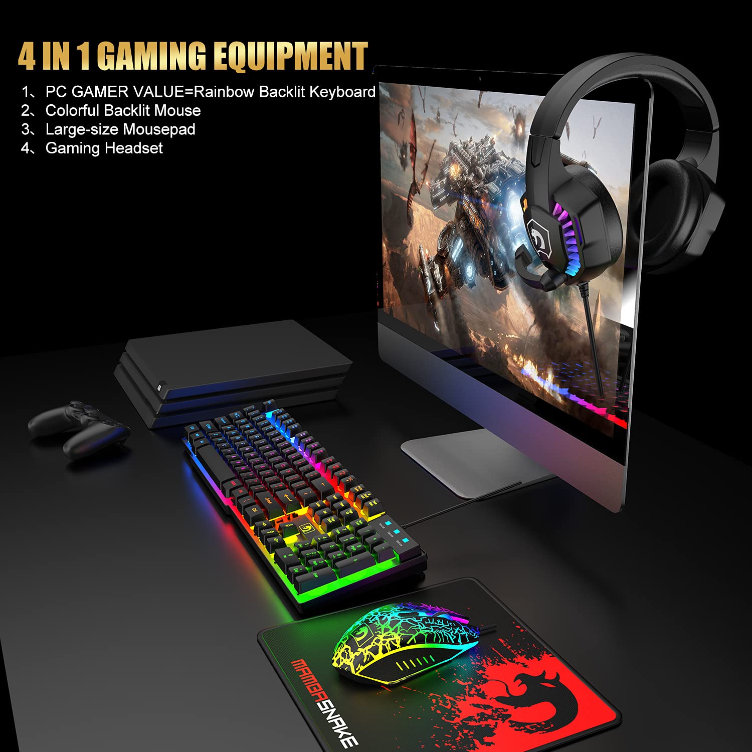 Wired Gaming Keyboard and Mouse Headset Combo,Rainbow LED Backlit Wired Keyboard,Over Ear Headphone with Mic,Rainbow Backlit Gaming Mice,Mouse Pad,for PC,Laptop,Mac,PS4,Xbox(Black)