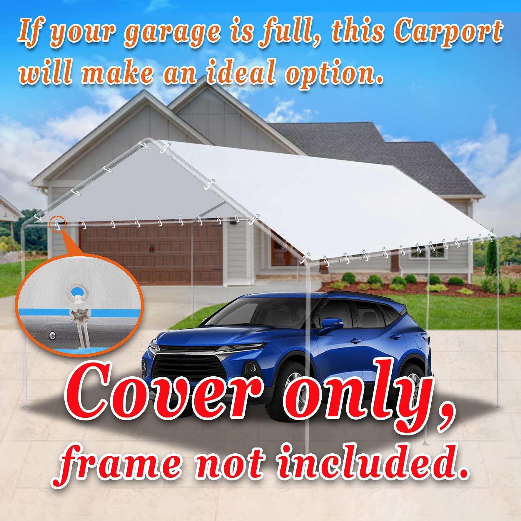 Strong Camel Carport Conopy Cover 10'x20' Replacement for Car Tent Outdoor Top Garage Shelter with Ball Bungees,Without Edge,White(Only Cover, Frame Not Included)