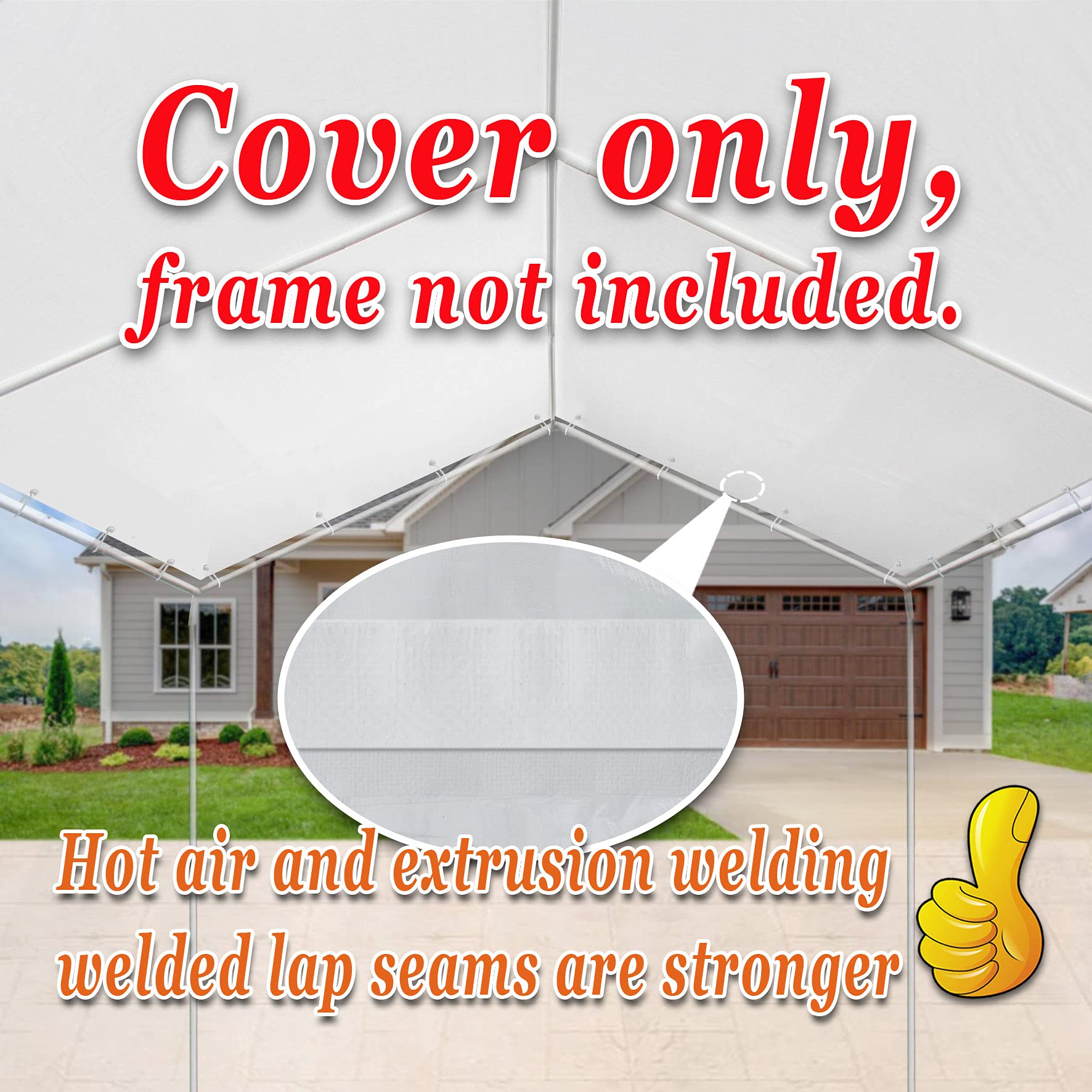 Strong Camel Carport Conopy Cover 10'x20' Replacement for Car Tent Outdoor Top Garage Shelter with Ball Bungees,Without Edge,White(Only Cover, Frame Not Included)