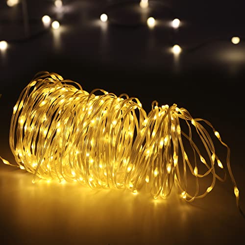 SUNILLUMA Outdoor Solar Fairy Lights - 300 LED 100FT Strong PVC Wire with 8 Functions by Remote, Waterproof, Warm White Lights and Transparent Wire, Great for Party, Garden and Holiday Decoration