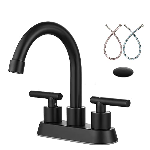 Aolemi 4 Inch Bathroom Faucet 2 Handle Centerset Lavatory Sink Faucet Swivel Spout Deck Mount 2 Hole Stainless Steel Basin Mixer Tap with Pop-up Drain with Overflow Matte Black