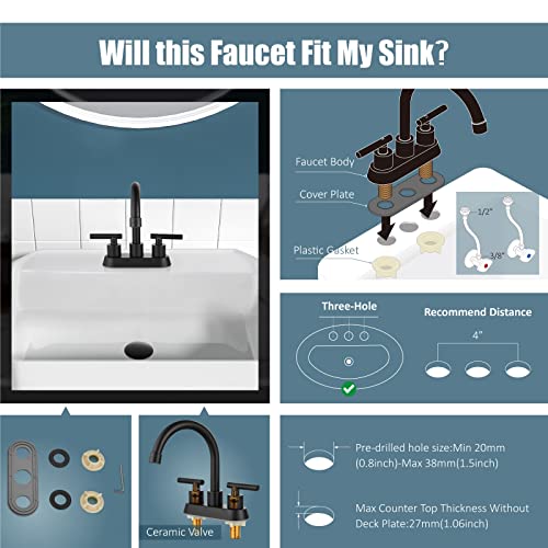 Aolemi 4 Inch Bathroom Faucet 2 Handle Centerset Lavatory Sink Faucet Swivel Spout Deck Mount 2 Hole Stainless Steel Basin Mixer Tap with Pop-up Drain with Overflow Matte Black