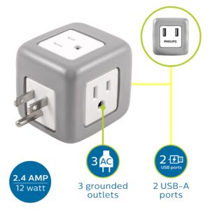 Philips Accessories 3-Outlet Extender Surge Protector with 2-USB Ports, Rubberized Cube, Extra-Wide Adapter Spaced, Easy Access Design, 3-Prong, Perfect for Travel, 2.4A, 245J, Gray, SPP3202GR/37